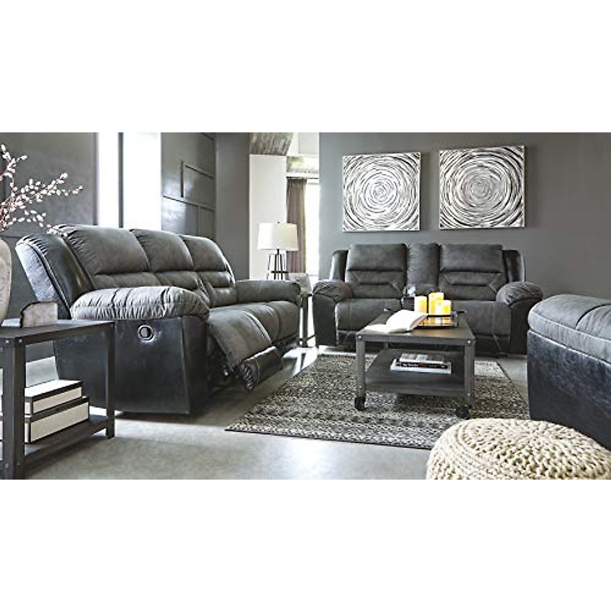 Signature Design by Ashley Earhart Faux Leather Manual Double Reclining Loveseat with Storage Console, Gray & Black
