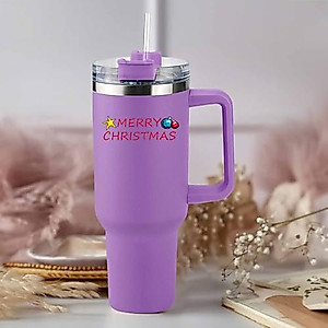 LB LEOBON 40 ounce insulated cup with handle, double-layer vacuum stainless steel material, equipped with straw, can keep warm or maintain cold drinks Merry Christmas Stars Balls Deep purple