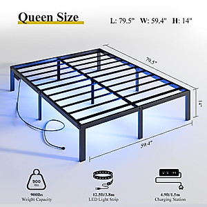 OLEVS Queen Size Bed Frame with USB and Typc C Charging Station, LED Lights, Metal Platform Frame with Heavy Duty Steel Slats, 14" Storage Space, No Noise