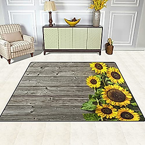 ALAZA Yellow Floral Sunflower Wooden Non Slip Area Rug 5' x 7' for Living Dinning Room Bedroom Kitchen Hallway Office Modern Home Decorative