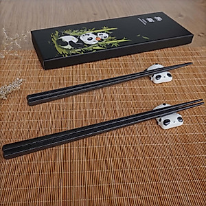 Chopsticks Reusable Fiberglass Chopsticks with Holder Chinese Japanese Gift Set Chopsticks Set Dishwasher Safe Alloy Chopsticks + Ceramic Cute Panda Chopstick Rest (2 Pairs - Panda)
