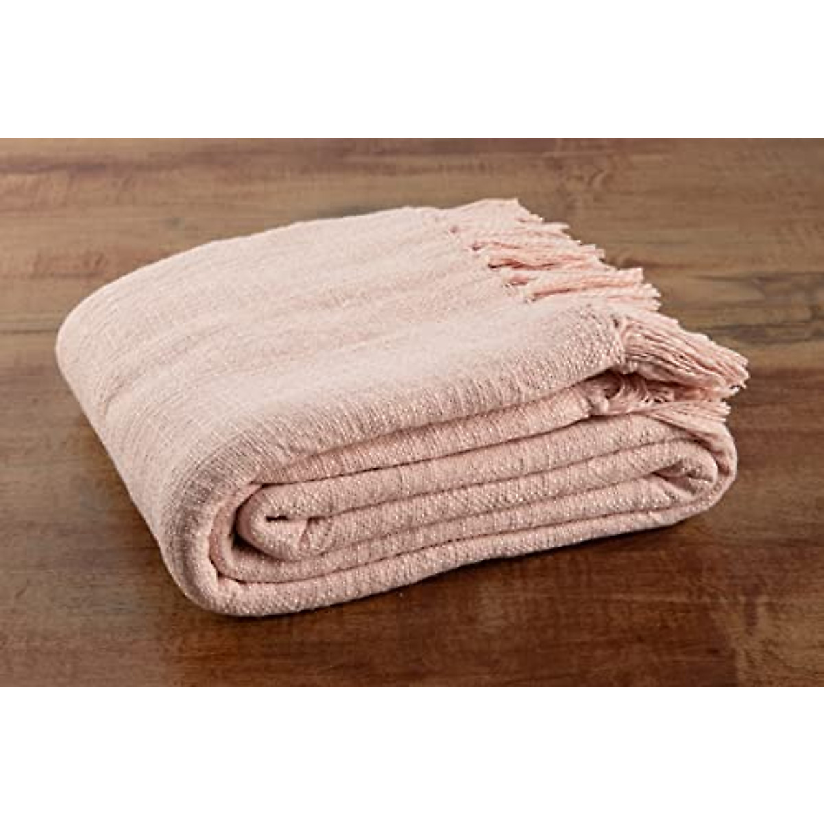 Sticky Toffee Blush Pink Woven Cotton Throw Blanket with Fringe, Textured Throw Blankets, Thick and Durable Decorative Throw, Oeko-Tex Cotton, 50 in x 60 in