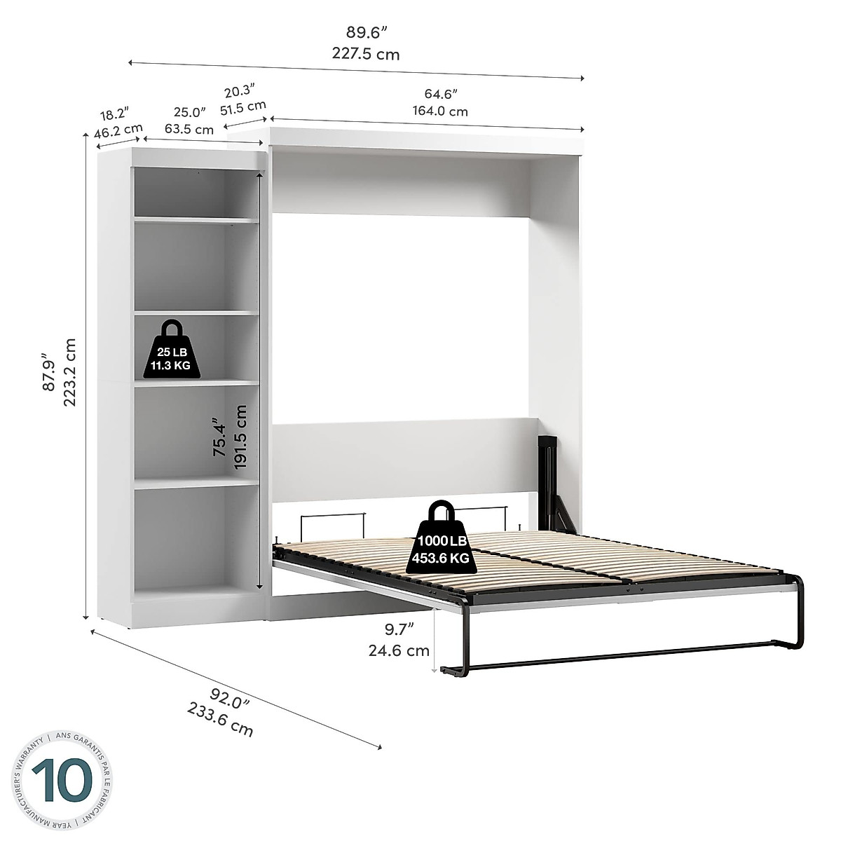 Bestar Pur Queen Murphy Bed with Shelving Unit, 90-inch Space-Saving Sleeping Arrangement for Multipurpose Area, Bedroom, Guest Room, or Living Room