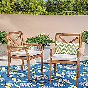 Christopher Knight Home Peter | Outdoor Acacia Wood Dining Chair Set of 2, Teak/Cream Cushion