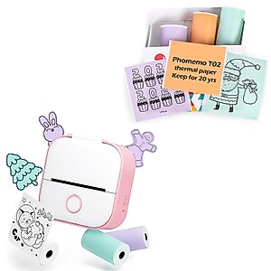 Memoqueen Mini Sticker Printer T02 Portable Thermal Printer, Instant Photo Printer Set & 3 Rolls Mint Green/Lavender Purple/Light Orange Adhesive Thermal Paper