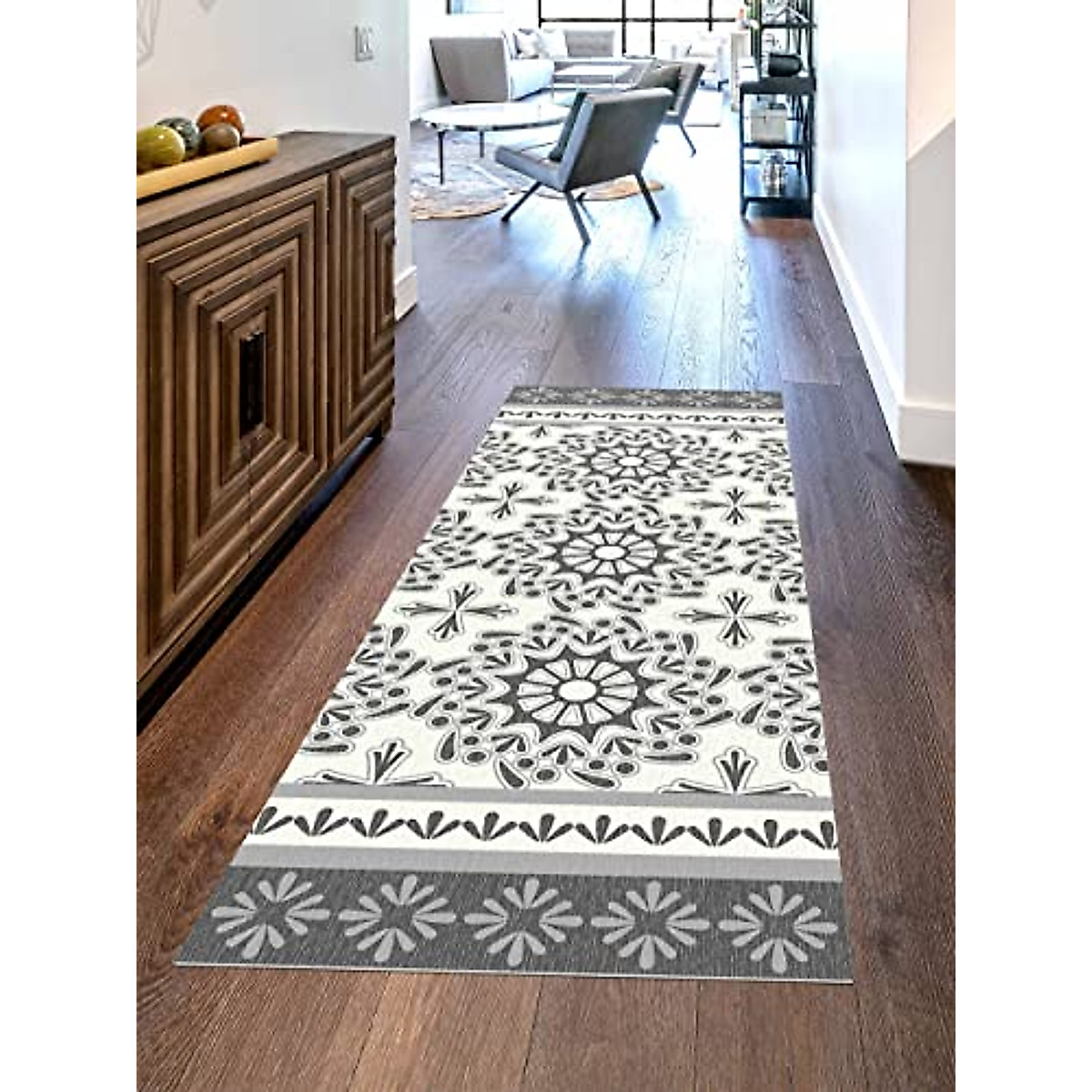 Studio M Floor Flair Lisbon - Black and Grey - 2.5 x 7 Ft Decorative Vinyl Rug - Non-Slip, Waterproof Floor Mat - Easy to Clean,, Ultra Low Profile - Printed in The USA