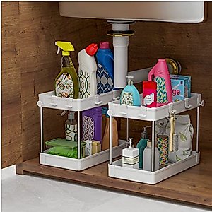 2 Pack Under Sink Organizer And Storage, 2 Tier Bathroom Cabinet Storage Rack with 12 Hooks,Multi-purpose Organizer And Storage For Kitchen Countertop Bathroom Cabinet (White)