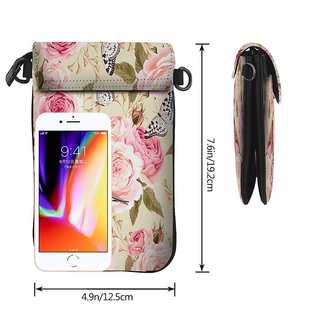 Beabes English Roses And Birds Crossbody Cell Phone Purse Floral Flower Butterflies Vintage Botanical RomanceWallet Handbag