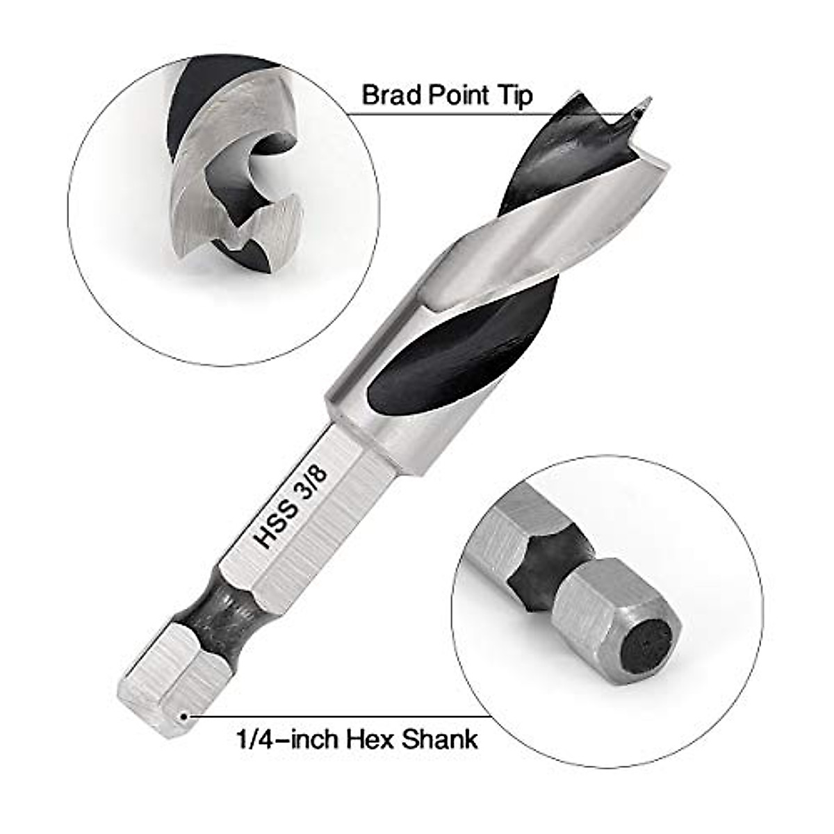 COMOWARE Brad Point Stubby Drill Bit Set for Wood, 6pcs HSS 4241 Steel with 1/4-Inch Quick Change Hex Shank