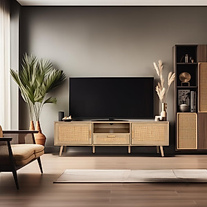 Finnhomy 59 Inch Boho TV Stand for up to 70 inch TV, TV Console with 2 Hand Made Rattan Decorated Doors, Living Room Entertainment Center TV Table with Storage, Natural