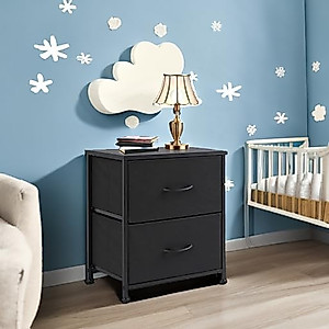Classical Nightstand, 2 Drawer Dresser for Bedroom, Small Dresser with Metal Frame and Wood Top, Bedside Furniture, Night Stand, End Table with Fabric Bins for Bedroom, Closet (Black, 2-Drawers)