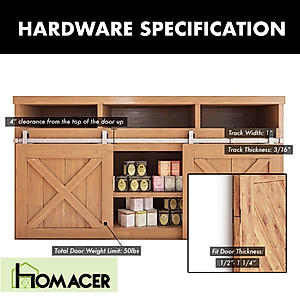 Homacer Mini Brushed Nickel Non-Bypass Sliding Barn Door Hardware Kit, for Two/Double Doors, 54-inch Long Flat Track, Bent T-Shape Design Roller, Cabinet TV Stand Console Use…
