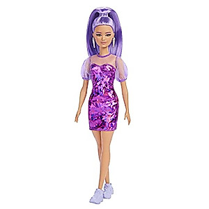 Barbie Fashionistas Doll, Petite, Long Purple Hair & Purple Metallic Dress, Sheer Bodice & Sleeves, Purple Sneakers, Toy for Kids 3 to 8 Years Old