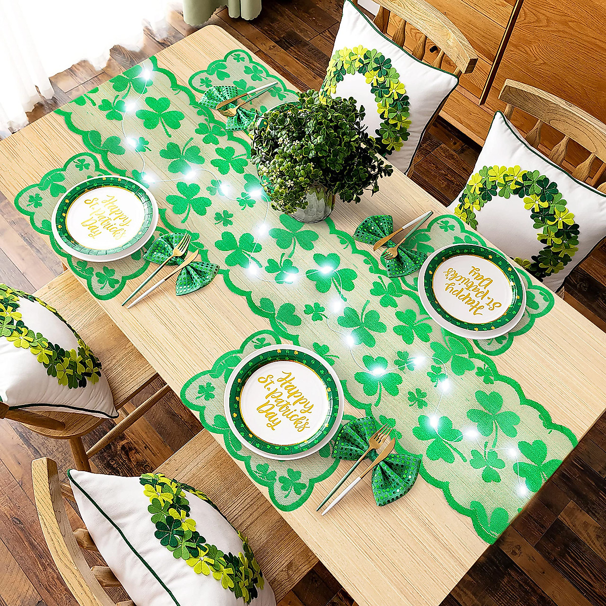 6PCS St Patricks Day Decorations Table Runners Placemats Saint Shamrock Green Lace Embroidered Irish Clover Party Decor Supplies,with 2 Light Strips