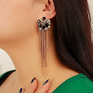 Kercisbeauty Metal Black Long Tassel Chandelier Gold Earrings Sparkle Crystal Women Prom Wedding Earrings (Black and Gold)