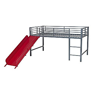 DHP Junior Twin Metal Loft Bed with Slide, Multifunctional Design, Silver with Red Slide & Fire Department Design Curtain Set for Junior Loft Bed, Kids Furniture, Blue