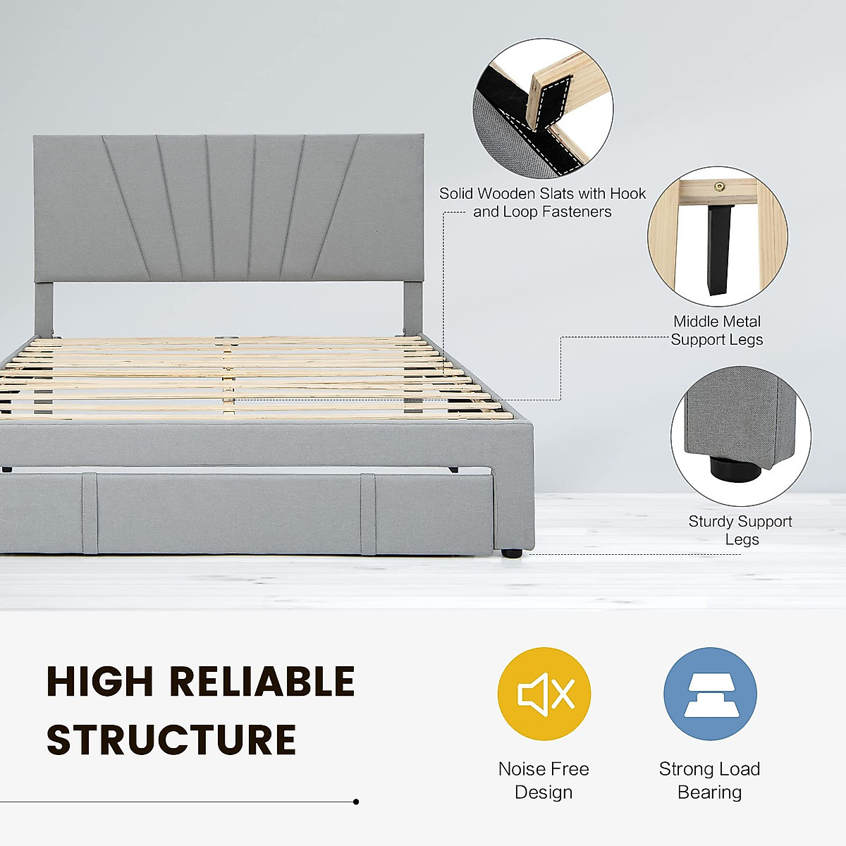 Giantex Upholstered Queen Bed Frame with Drawer, Modern Platform Bed with Storage & Adjustable Headboard, Wooden Slat Support Mattress Foundation, No Box Spring Needed, Noise Free
