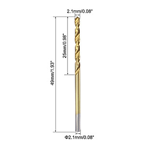 uxcell High Speed Steel Straight Shank Twist Drill Bit Fully Ground Titanium Coated 2.1mm Drill Diameter 49mm Total Length 25mm Drill Bit Length 12 Pcs