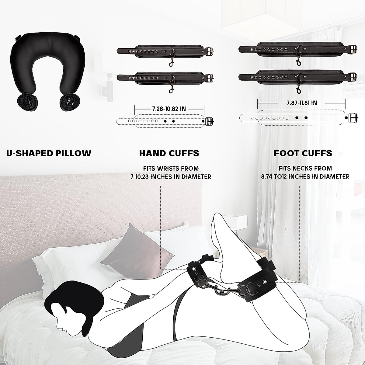 Sex Bondage BDSM Kit Restraints Set Adult Sex Toys, Leash Adjustable Hand Ankle Cuffs & Neck Pillow, SM Bed Slave Bondage Gear & Accessories for Couple Sex Games