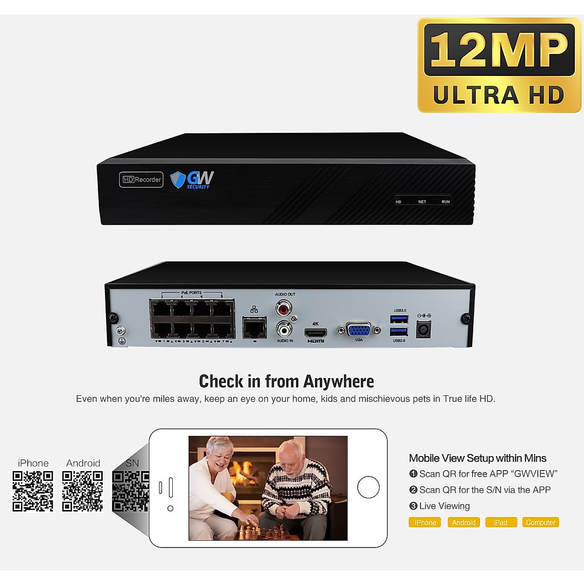 GW Security 8 Channel 4K NVR 5MP H.265 IP Surveillance Security Camera System with 8-Piece Super HD 1920P Weatherproof Video & Audio PoE Security Dome Cameras, AI Human Detection