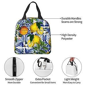 Larklitz Mediterranean Lemon On Blue Ceramic Tiles Reusable Insulated Lunch Bag for Women and Men, 8.5"x8"x5"/22x20x13 cm, Polyester