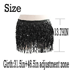 Clataly Belly Dance Sequined Tassel Skirt Hip Scarf Straps Wrap Rave Skirts Rave Music Festival Costume for Women Girls (Black)