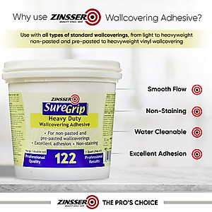 Zinsser SureGrip 122 Heavy Duty Wallcovering Adhesive, Wallpaper Glue + Wallpaper Paste Brush + Wallpaper Smoothing Tool, Wallpaper Tools Kit, Wall Paper Adhesive, Vinyl Wallcovering + KLEEG Packet