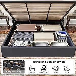 VanAcc Queen Bed Frame Lift Up Storage Bed with Headboard 50" Button Tufted Wingback/Hydraulic Lifting Storage Underneath/Wood Slats/Easy Assembly/Dark Grey