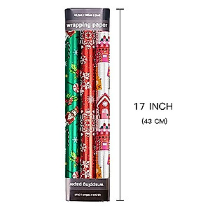 LeZakaa Christmas Metallic Foil Wrapping Paper - Mini Roll - Nutcracker/Snowflake/House Print for Gift Wrap, DIY Craft - 17 x 120 inches - 3 Rolls (42.5 sq.ft.ttl.)