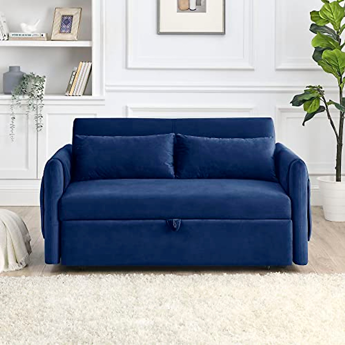 Melpomene Loveseat Sleeper Velvet Couch w/Pull-Out Bed and Adjustable Back, 55" Modern Convertible Sofa Bed w/ 2 Detachable Arm Pockets and 2 Pillows (Blue)