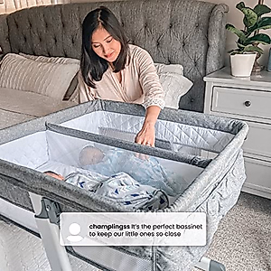 Simmons Kids By The Bed City Sleeper Bassinet for Twins - Adjustable Height Portable Crib with Wheels & Airflow Mesh, Grey Tweed