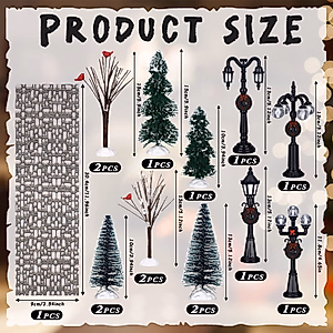 Aoriher 15 Pcs Christmas Figurine Village Accessories Miniature Pine Trees Snow Artificial Christmas Trees Cardinal Bare Branch Trees Streetlight Lamps Cobblestone Street Figurine for Xmas (Classic)