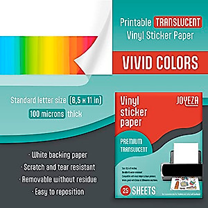JOYEZA Premium Printable Vinyl Clear Sticker Paper for Inkjet Printer - 25 Sheets Translucent Waterproof, Dries Quickly Vivid Colors, Holds Ink well - Inkjet & Laser Printer