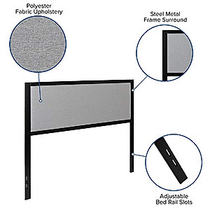 EMMA + OLIVER Queen Size Light Gray Fabric Upholstered Panel Headboard with Metal Surround and Legs - Attaches to Standard Bed Frames