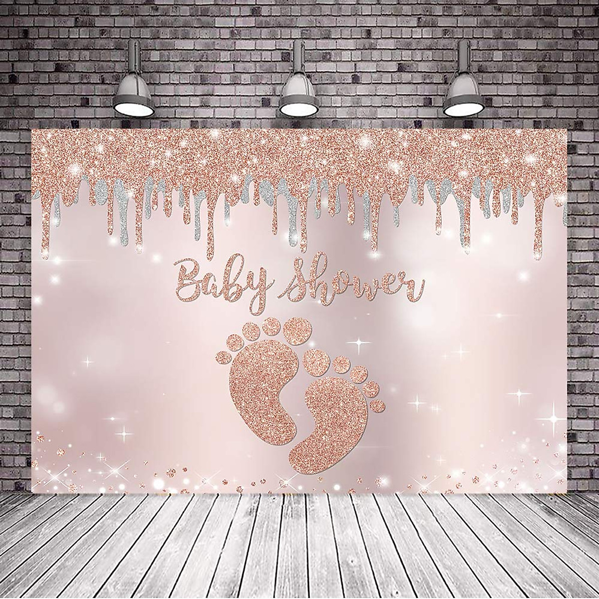 Avezano Rose Gold Baby Shower Backdrop Glitter Shimmer Little Feet Girl Baby Shower Background Vinyl Bling Rose Gold Baby Shower Backdrops Decorations (10x8)