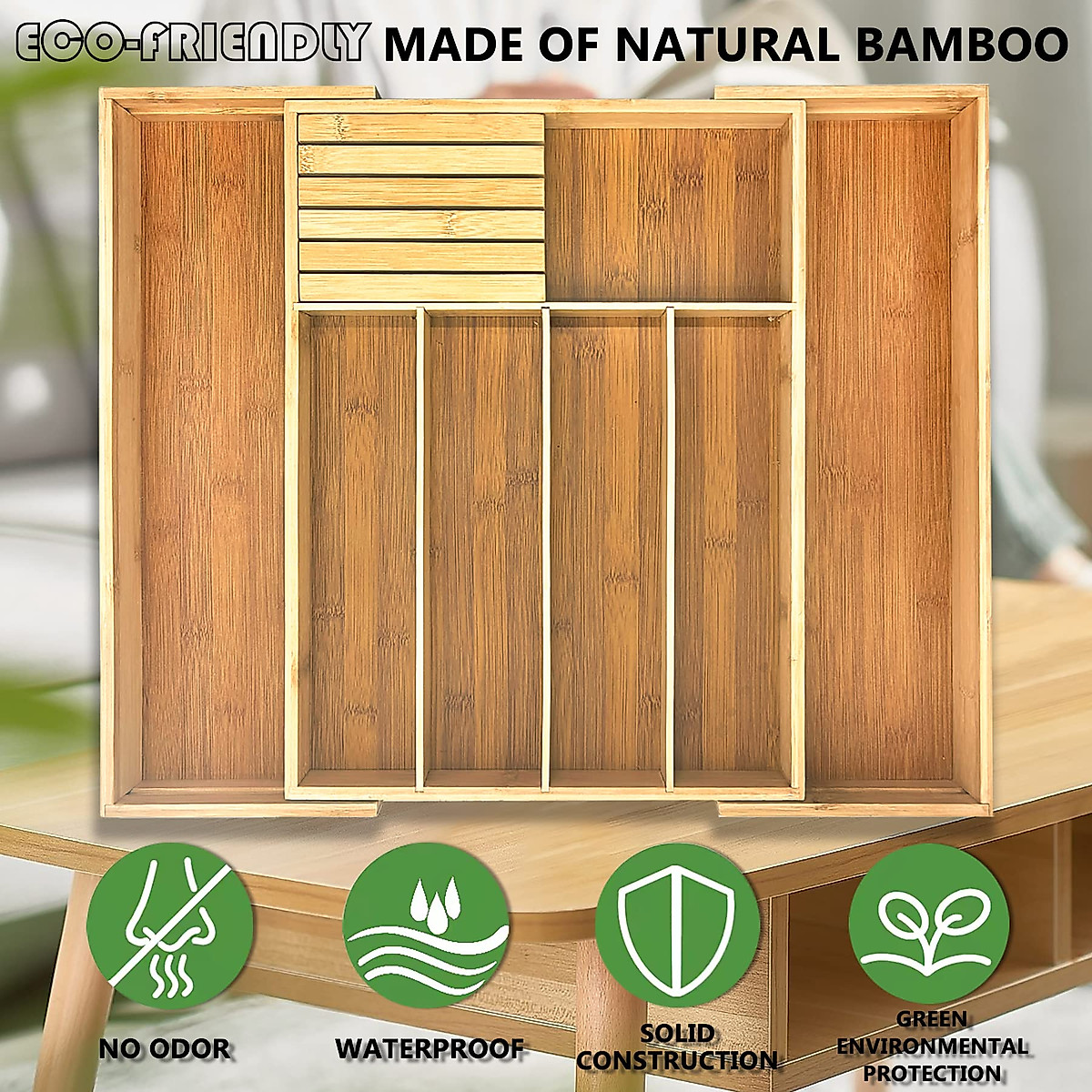 ZROOY Expandable Bamboo Silverware Organizer Drawer for Utensils Holder, 8 Compartments for Drawer Tray with Grooved Drawer Dividers,Removable Knife Block(Natural)