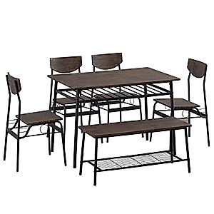 Rectangular Dining Table & Chair Set of 6 w/ Storage Space, Dining Room Set w/ 1 Table, 1 Bench & 4 Chairs for 6, Table Set w/ MDF Tabletop & Iron Frame, for Dining Room, Bistro, Home Bar, Kitchen