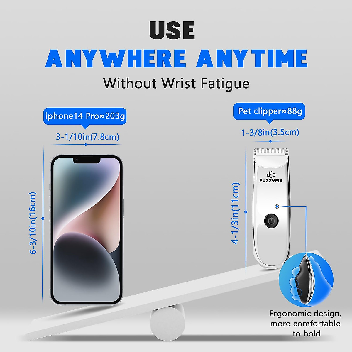 FuzzyFix Pet Grooming Clippers for Matted Hair Cat, Trimmer for Low Noise, Waterproof Portable USB Rechargeable Professional Cat Cippers for Dogs and Cats Eyes, Ears, and Paws Silver