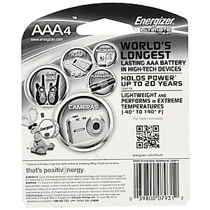 Energizer L92BP-4 Ultimate Lithium AAA Batteries, World’s Longest-Lasting AAA Battery in High-Tech Devices (4 Pack)