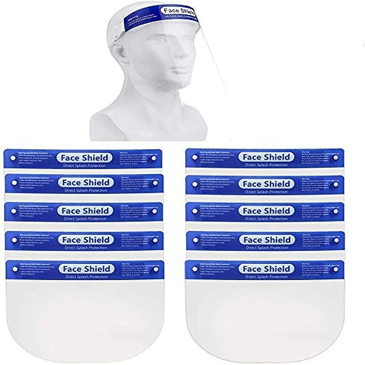 10 Pack Safety Face Shield, All-Round Protection Headband with Clear Anti-Fog Lens, Lightweight Transparent Shield with Stretchy Elastic Band (10)