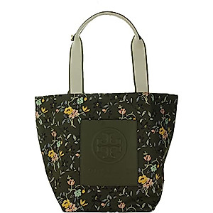 Tory Burch Womens Floral Print Leather Trim Tote Handbag Green Large