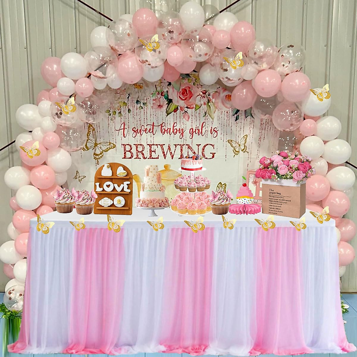 Albassa Table Skirts for Rectangle or Round Tables Pink Tulle TableCloth with 3D Butterfly for Princess Baby Shower Birthday Party Decorations（9ft*H 30in,Pink)