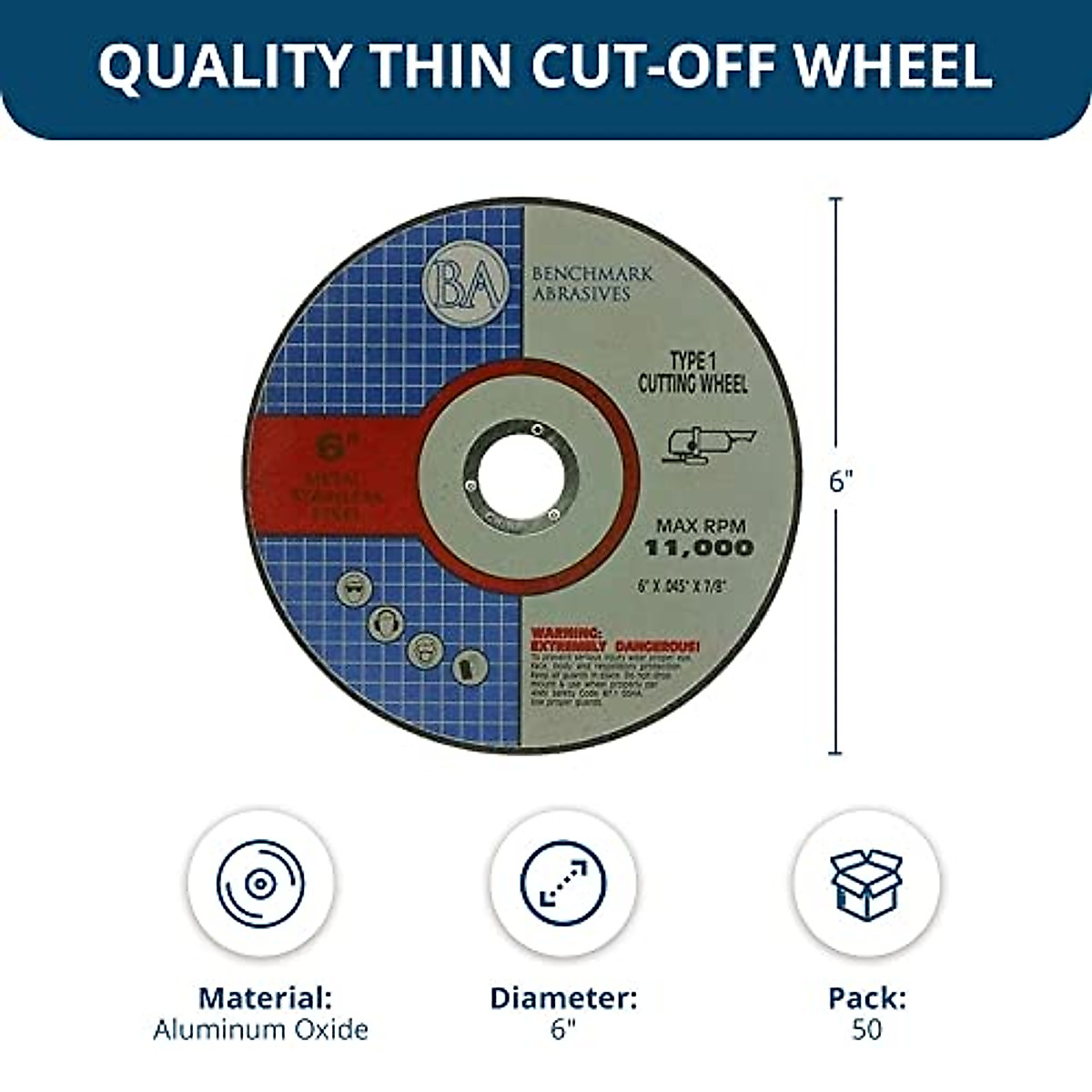 Benchmark Abrasives 6" Pro Metal Self-Sharpening Steel Cutting Cutoff Wheel .045" Thick 7/8"Arbor, Angle Grinder Wheel, Grinder Cutting Wheel - 50 Pack