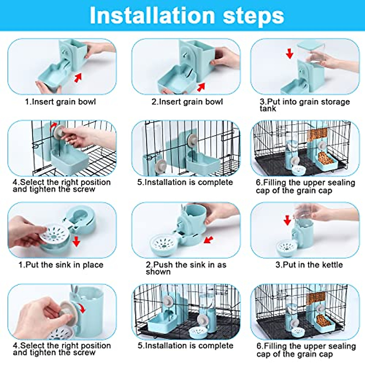 PStarDMoon Bunny Automatic Food Feeder& Water Dispenser & Rabbit Hay Feeder Bag, Gravity Auto Feeder Water Set for Small Dog Cat Small Animals Rabbit Chinchilla Guinea Pig Hedgehog Ferret (Blue)