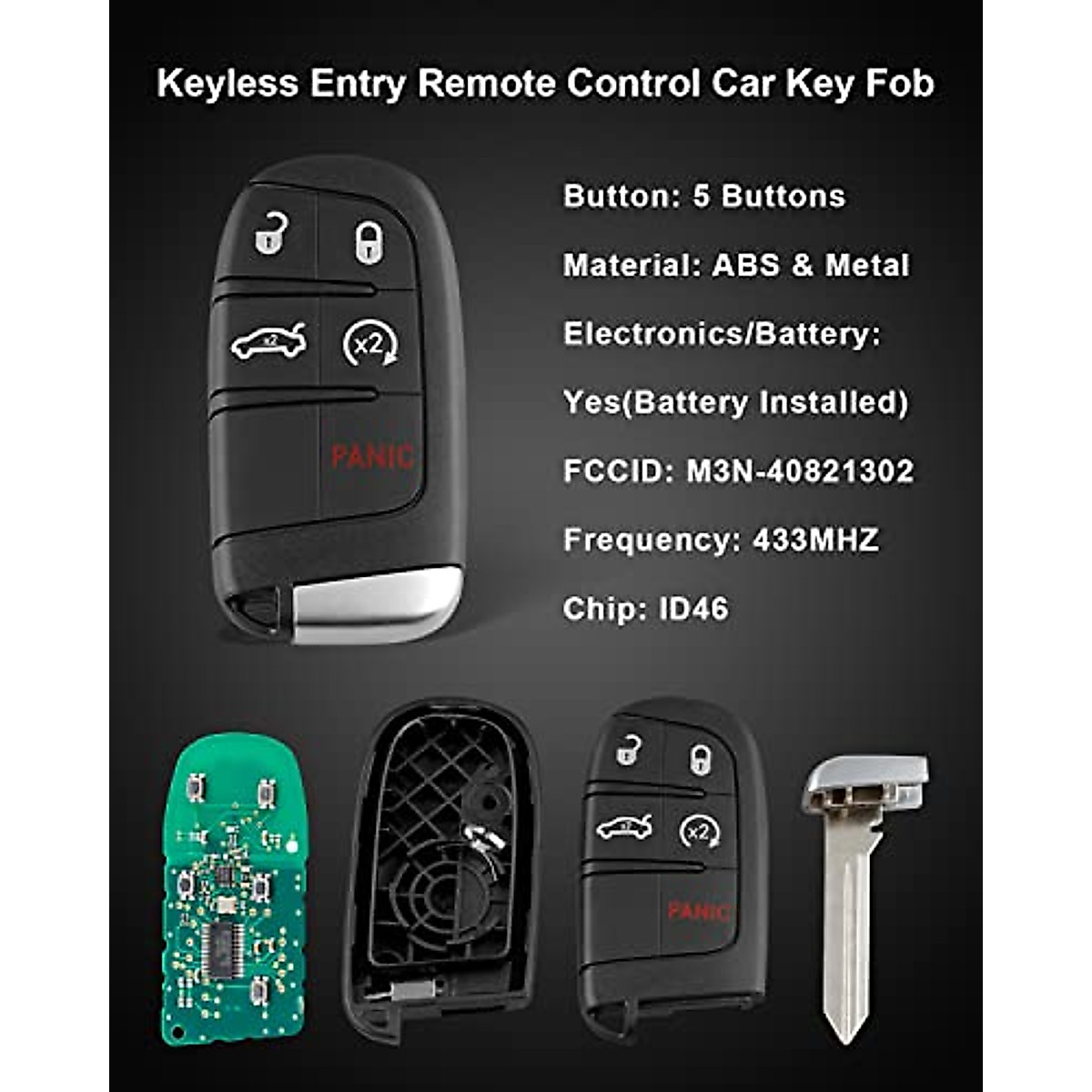 CAUORMOTE Keyless Entry Remote Control Car Key Fob for Dodge Dart Charger Challenger Chrysler 300, 5 Buttons Key Fob Replacement FCC ID M3N-40821302, Pack of 2