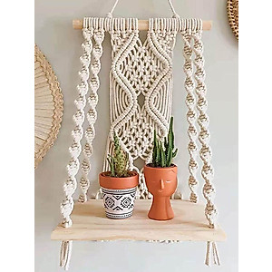 JnnRain Macrame Shelf Macrame Wall Hanging Shelf Beige Macrame Hanging Shelves White Macrame Wall Shelf Decor Plants Wall Shelf Home Decor