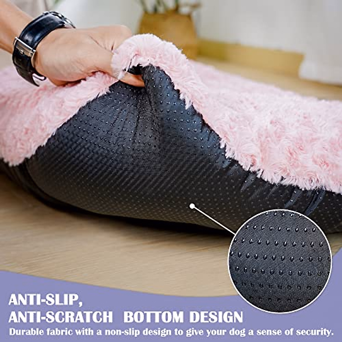 DOGKE Large Washable Dog Bed Deluxe Fluffy Plush Dog Crate Pad，Dog Beds Made for Large, Medium, Small Dogs and Cats, Anti-Slip Dog Crate Bed for Sleeping and Anti Anxiety, 32"x22",Pink