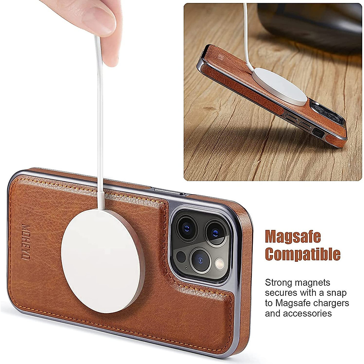MOHEYO Designed for iPhone 14 Pro Max Case Compatible with MagSafe Removable Wallet Card Holder Magnetic Slim Thin Vegan Leather Cover (Brown)