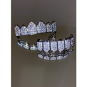 18K White Gold Plated CZ Cluster Custom Slugs Top Bottom GRILLZ Fangs Mouth Teeth Grills Set - Grillz, Teeth Cap, Iced Out Grillz (Top & Bottom Set)