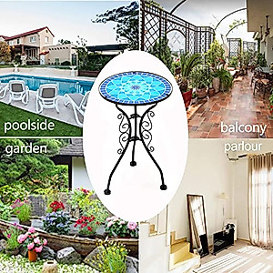 HL3NIGIM Outdoor Side Table, 14" Round Mosaic Patio Side Table Accent Table Bistro Coffee Glass Table Plant Stand for Garden Porch Living Room Balcony Deck Porch Pool